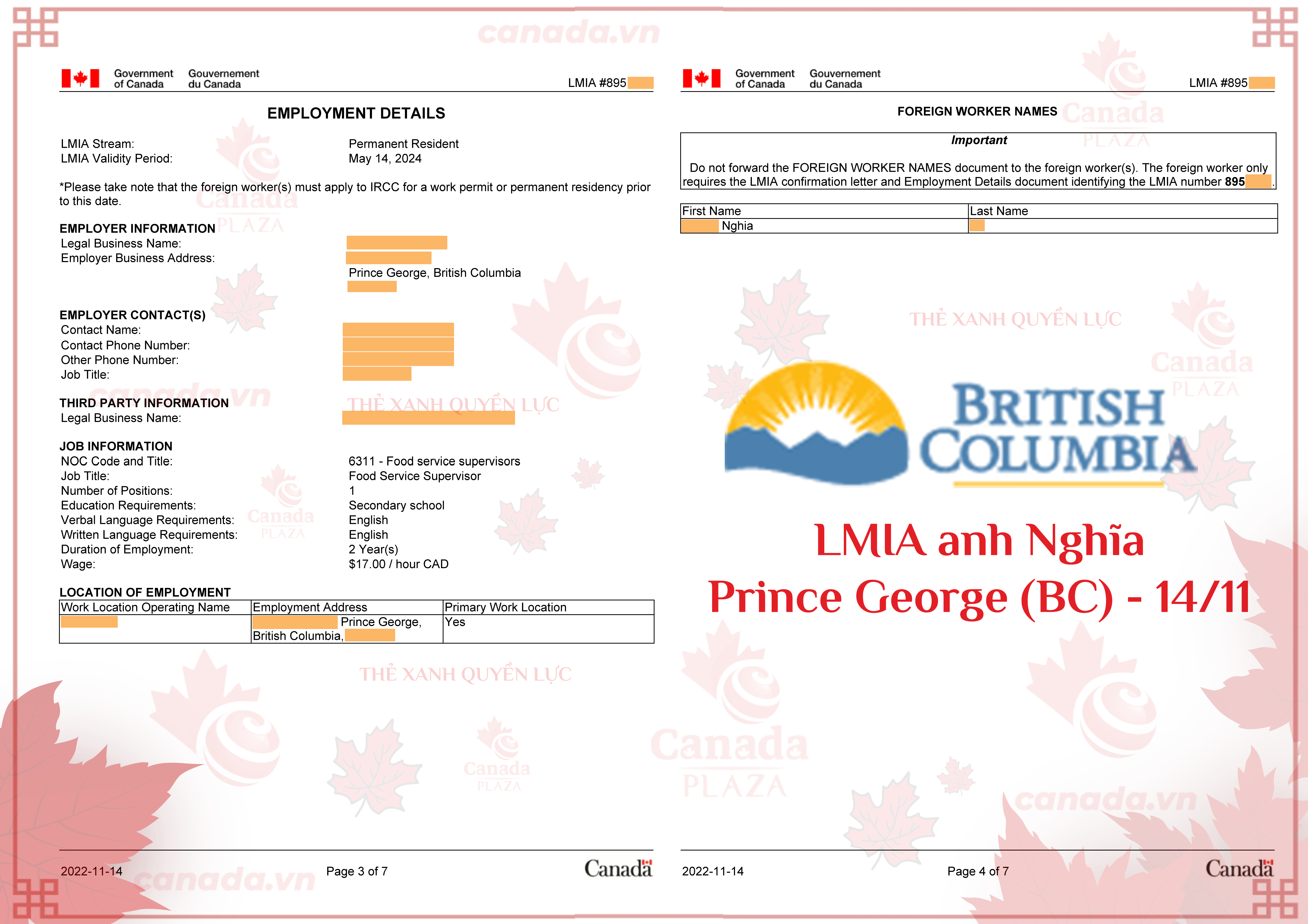 [LMIA 1411] Giám sát dịch vụ ăn uống – Anh Nghĩa - Canada Plaza